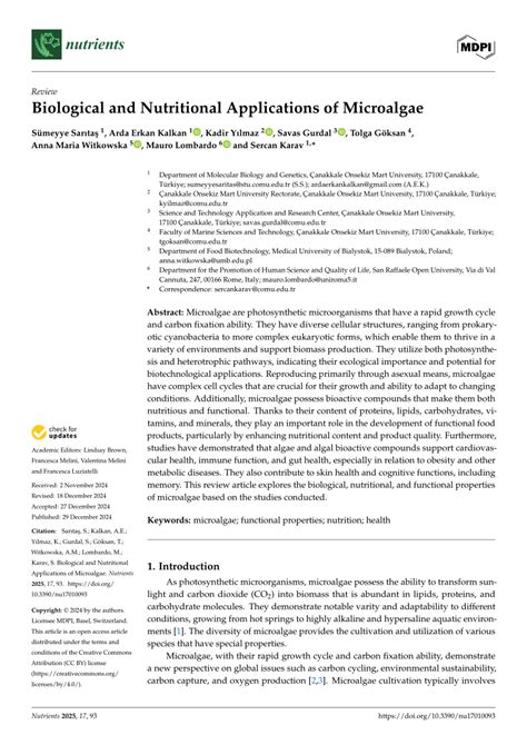 Pdf Biological And Nutritional Applications Of Microalgae