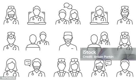 의사 라인 아이콘 세트 메딕 전문가 및 환자 상담 선형 픽토그램 온라인 의료 지원 개요 아이콘 의학 정보 음성 거품 편집 가능한 스트로크 격리된 벡터 일러스트레이션 아이콘에