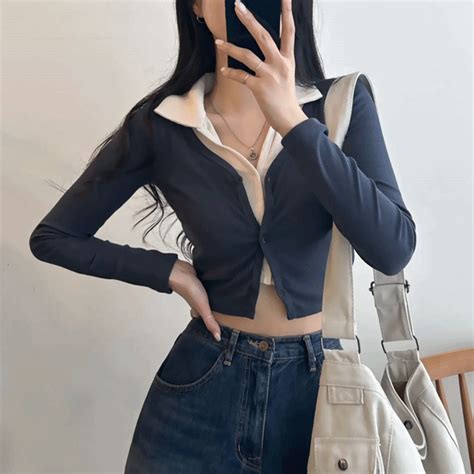 당일발송 일체형~봄신상 예쁜핏이중 레이어드 골지 크롭 카라 긴팔 가디건 3color 에이블리