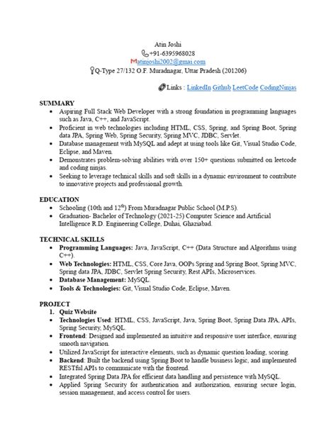 Atin Joshi Resume Pdf Java Programming Language My Sql
