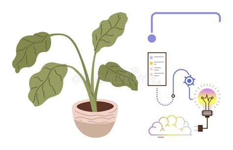 Potted Green Plant With Flowchart Lightbulb And Document Representing Creativity And Growth