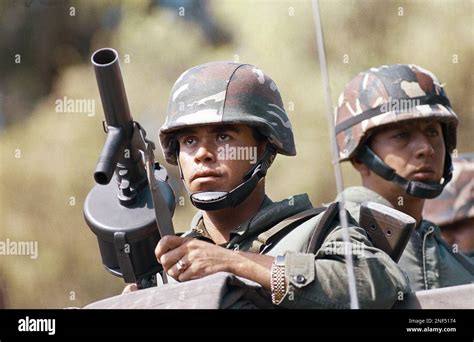 A Mexican Army Soldier With A Grenade Launcher Waits At Bochil Mexico