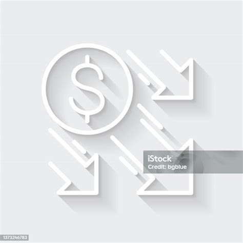 Dollar Decrease Icon With Long Shadow On Blank Background Flat Design