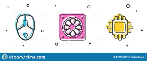 Set Computer Mouse Cooler And Processor With Cpu Icon Vector Stock Vector Illustration Of