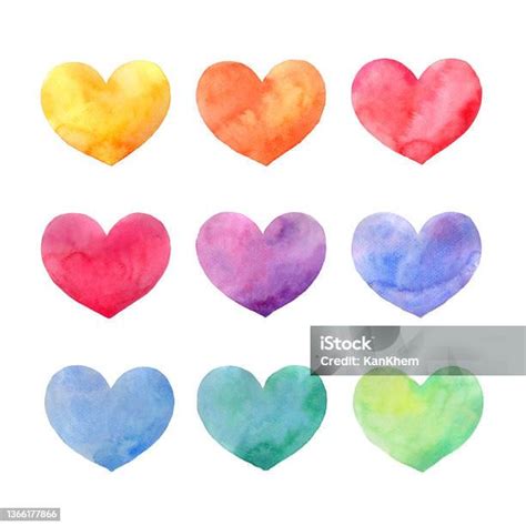발렌타인 데이 휴일 건강 관리 및 결혼식 장식을위한 다채로운 수채화 하트 세트 하트 모양에 대한 스톡 벡터 아트 및 기타 이미지 하트 모양 수채화 벡터 Istock