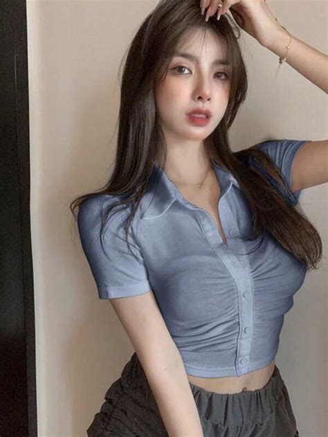Dazy Solid Button Through Ruched Crop Tee Shein Usa