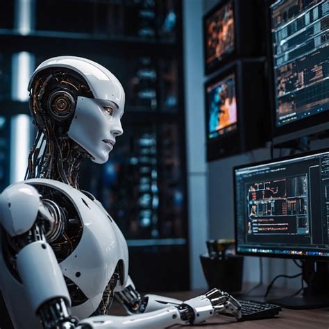 a robot sits in front of a computer screen with the words robot on it premium ai generated image