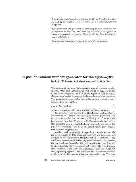 lewis goodman miller a pseudo random number generator for the system360