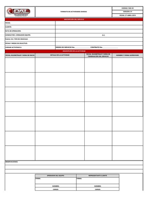 Formato De Actividades Diarias Pdf