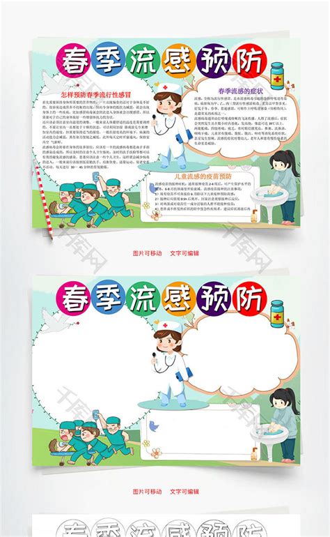儿童卡通春季流感预防小报word手抄报 千库网 手抄报ID100926