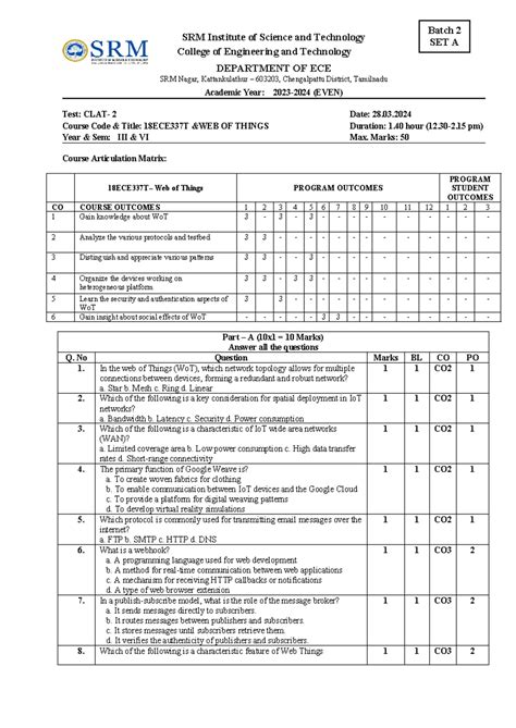Ct2 Qp Set A Previous Year Paper Srm Institute Of Science And Technology College Of