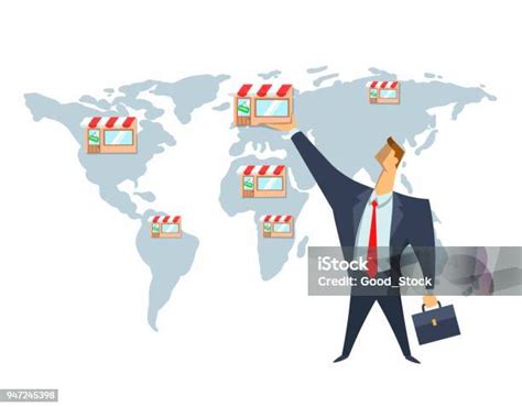 프랜차이즈 무역 네트워크 개념 벡터 일러스트 레이 션입니다 사업가 세계 지도에 상점을 넣습니다 비즈니스의 확장 개념에 대한 스톡 벡터 아트 및 기타 이미지 Istock