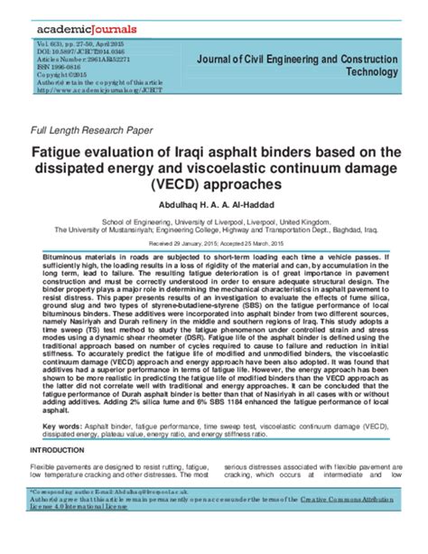 Pdf Fatigue Evaluation Of Iraqi Asphalt Binders Based On The Dissipated Energy And Vecd Approaches