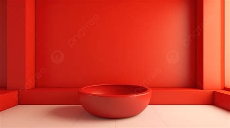 제품을 전시하기에 완벽한 선명한 빨간색 벽에 주황색 페데스탈 디스플레이가 있는 빈 방 내부의 파노라마 3d 렌더링 3d 스튜디오 플랫폼 배경 최소한의 장면 배경