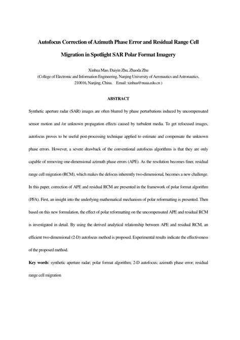 PDF Autofocus Correction Of Azimuth Phase Error And Residual Range