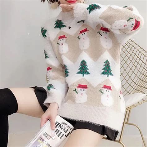 크리스마스 스웨터 여성 O 목 눈사람 크리스마스 트리 무늬 니트 스웨터 가을 겨울 따뜻한 니트 풀오버 여성 탑스 풀오버