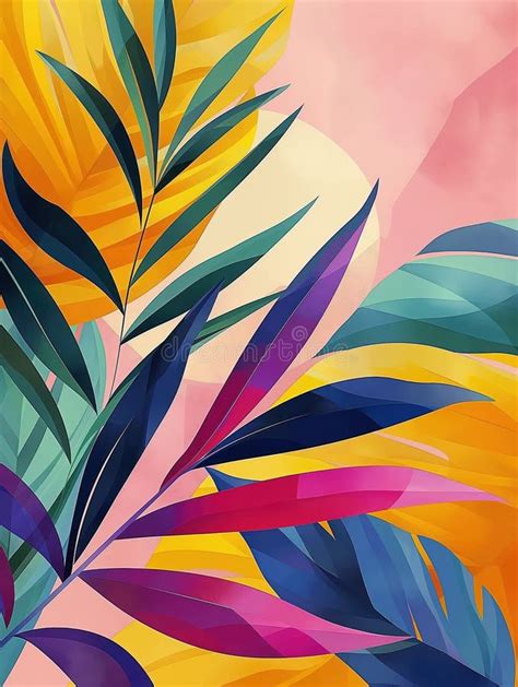 Vibrant Colorful Abstract Digital Art Featuring Geometric Shapes Tropical Leaves In Shades Of