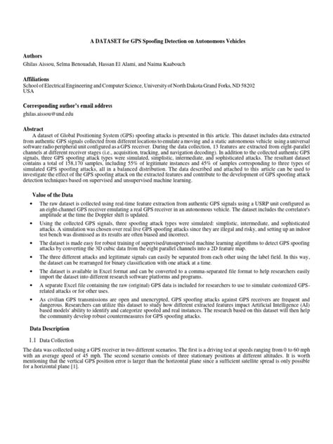 A Dataset For Gps Spoofing Detection On Autonomous Vehicles Pdf Global Positioning System