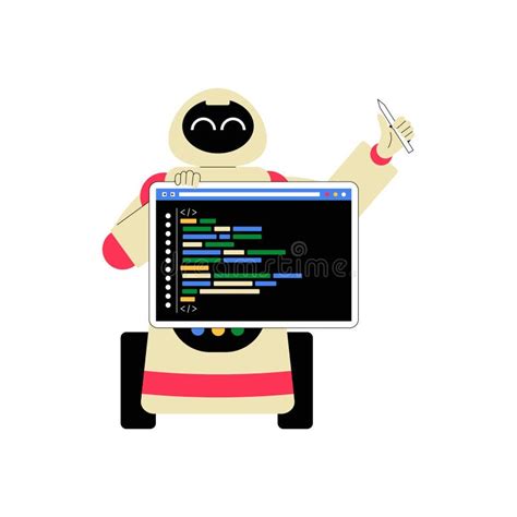 Coding Robot Holding Programming Screen In Flat Vector Illustration