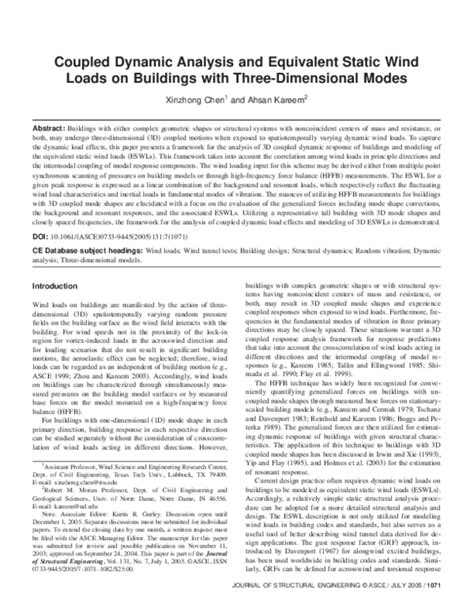 Pdf Coupled Dynamic Analysis And Equivalent Static Wind Loads On