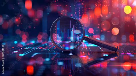 Magnifying Glass Over Digital Data Visualizations And Charts Stock Market Curve On Abstract