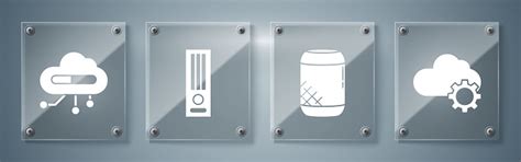 클라우드 기술 데이터 전송 및 저장 음성 어시스턴트 비디오 게임 콘솔 및 사물 인터넷을 설정합니다 정사각형 유리 패널 벡터 Brand Name Video Game에 대한