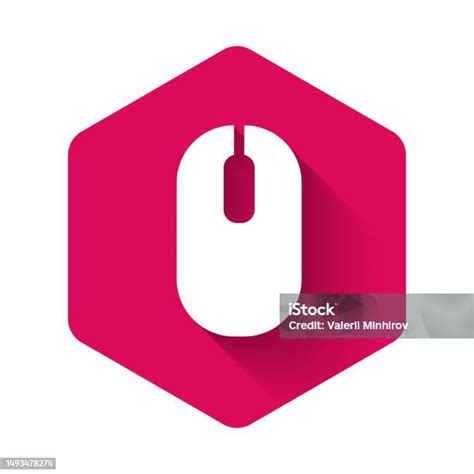 긴 그림자로 격리된 화이트 컴퓨터 마우스 아이콘입니다 휠 기호가 있는 광학 핑크 육각형 버튼 벡터 곡선에 대한 스톡 벡터 아트