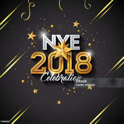새 해 복 많이 받으세요 그림 인쇄 술 문자와 검은 배경에 장식 공을으로 프리미엄 인사말 카드 파티 초대장 또는 프로 모션 배너 벡터 휴가 디자인 2018년에 대한 스톡