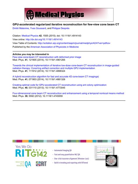 Pdf Gpu Accelerated Regularized Iterative Reconstruction For Few View Cone Beam Ct