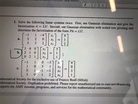 solved 1 b solve the following linear system twice first
