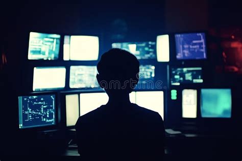 Programmer Working Late At Night On Multiple Computer Screens Stock