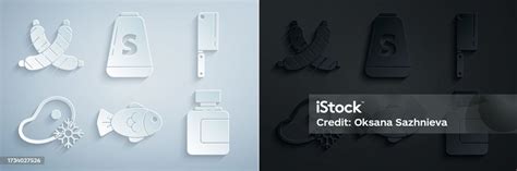 생선 고기 다지기 신선한 냉동 스테이크 고기 소스 병 소금 및 교차 소시지 아이콘을 설정합니다 벡터 3차원 형태에 대한 스톡 벡터 아트 및 기타 이미지 Istock