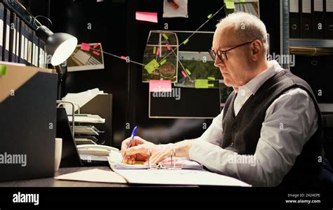 Investigator Reading Statements To Connect The Dots In Solving Crime Using Confidential