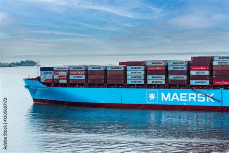 Singapore Side View On The Large Fully Loaded Cargo Container Ship Maersk Monte Pascoal