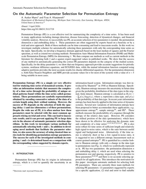 Pdf On The Automatic Parameter Selection For Permutation Entropy