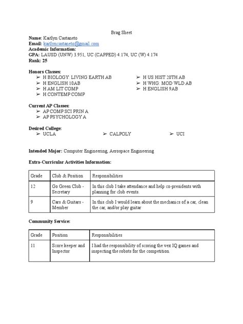 Brag Sheet 1 Pdf Schools Teachers
