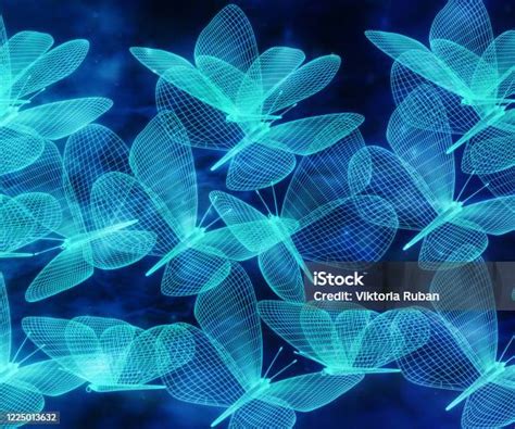 선으로 구성된 추상 네온 다각형 기하학적 나비 와이어 프레임 기술 구조 빛나는 다각형 기하학적 구조 웹 사이트 포스터 플래카드 및 벽지 3d 일러스트레이션 나비에 대한 스톡