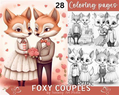 Foxy Couples Grayscale Coloring Pages Printable Adult Valentines