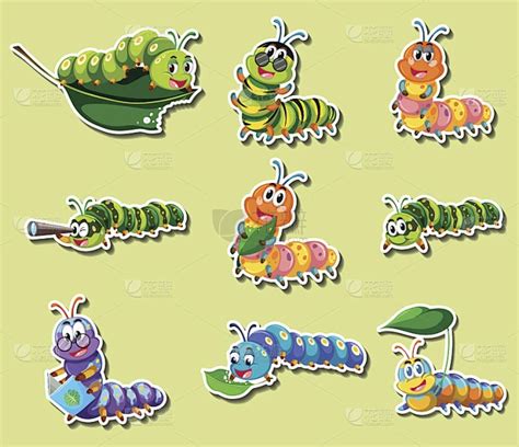 贴纸设置不同颜色的毛毛虫素材 花瓣网