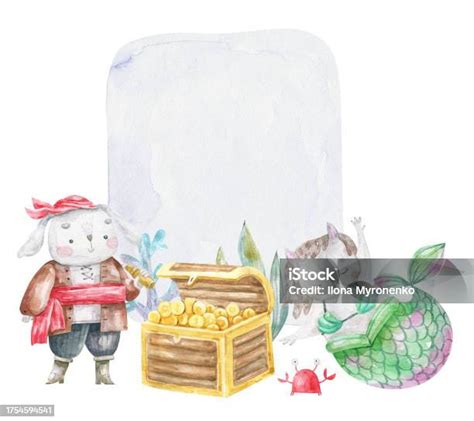 토끼 해적 고양이 인어 보물과 알갱이 게가 있는 바다 구성 푸른 수채화 자리에 고립된 배경에 수채화 유치한 그림 바다 밑에서 오세아니아 심해 여자 인어에 대한 스톡 벡터