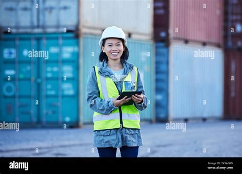 Supply Chain Tablet And Logistics With A Woman Shipping Worker On A Commercial Container Dock