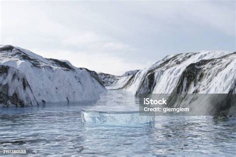 3d 렌더링 플랫폼 및 자연 겨울 배경 낮에 호수 배경 눈 산 및 빙하에 떠 있는 얼음 연단 제품 스탠드 디스플레이 광고 모형 또는 기타 등등 0명에 대한 스톡 사진 및