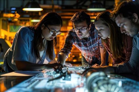 A Team Of Four Engineers Work Together In A Factory Leaning Over A Table With Blueprints And