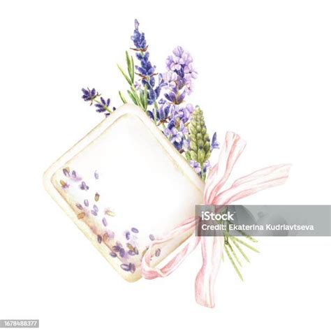 수채화 그림입니다 라벤더 꽃 비누 흰색 배경에 격리되어 있습니다 보라색 허브가 들어간 베이지색 비누의 단단한 막대 천연 화장품 매장에서 포스터 스티커 명함을 만들 수