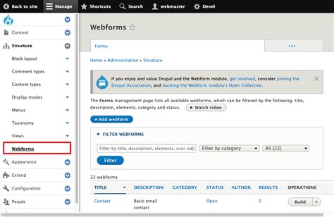where should webforms live within drupal s admin toolba
