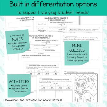 Solving Quadratic Equations Unit Differentiated Notes Worksheets Activities Test