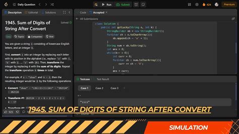 Leetcode Daily Question 1945 Sum Of Digits Of String After Convert Is Kabir Coding Youtube