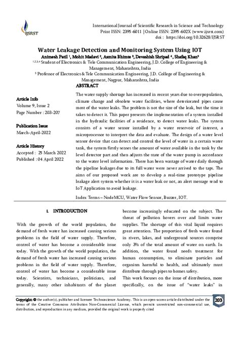 Pdf Water Leakage Detection And Monitoring System Using Iot