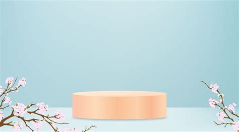 봄 배경 블루 벽 배경에 벚꽃이 피는 3d 연단 디스플레이가있는 스튜디오 룸 어머니의 날 발렌타인 데이 부활절 배너에 대한 벡터 일러스트 배경 사쿠라 꽃 프레임 테두리 3