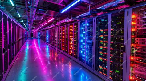 Illuminated Computer Server Room With Advanced Technology And Digital